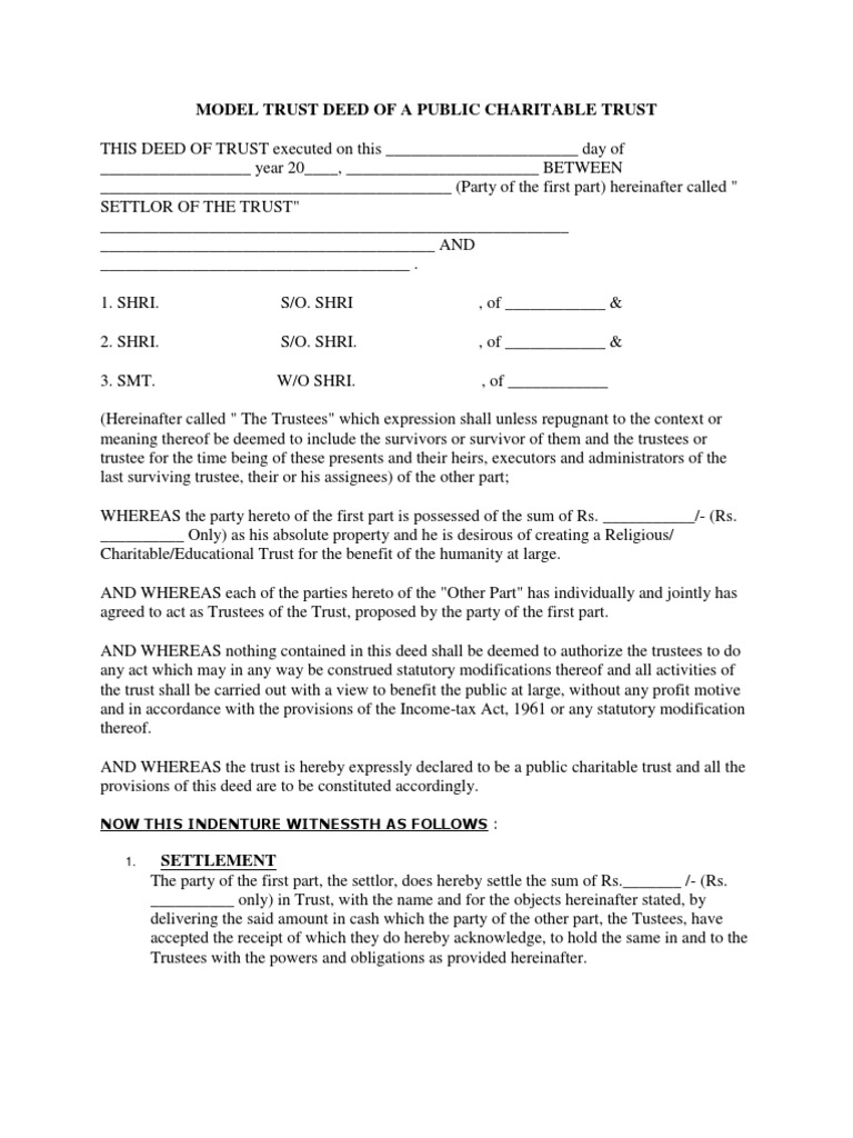 Model Trust Deed of A Public Charitable Trust | Trust Law | Trustee