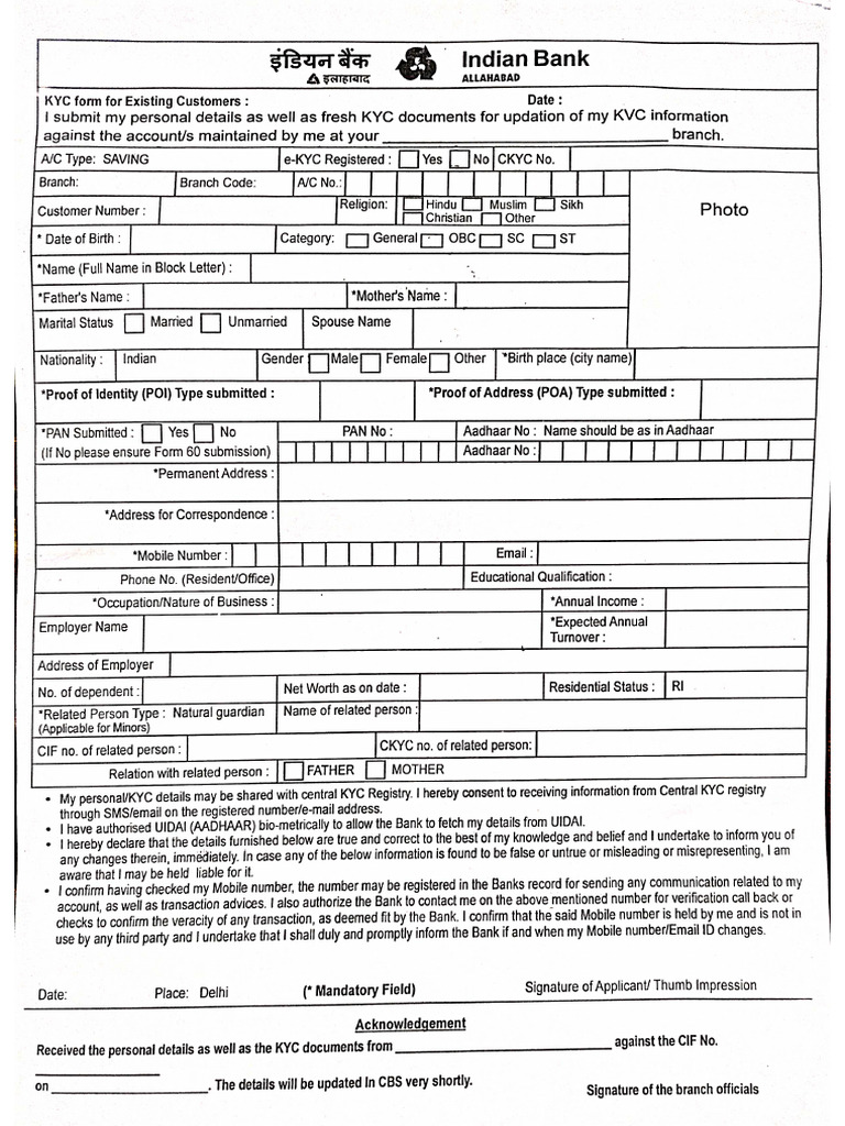 Indian Bank Kyc Form 2023 | PDF