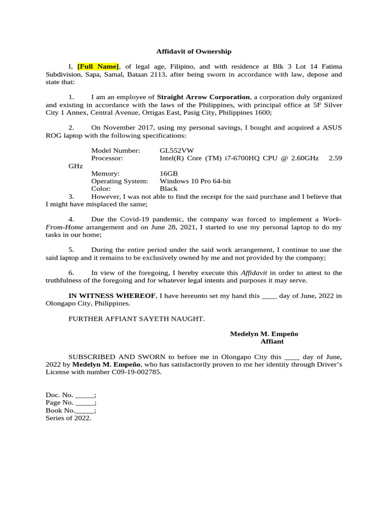Affidavit of Personal Property Ownership | PDF