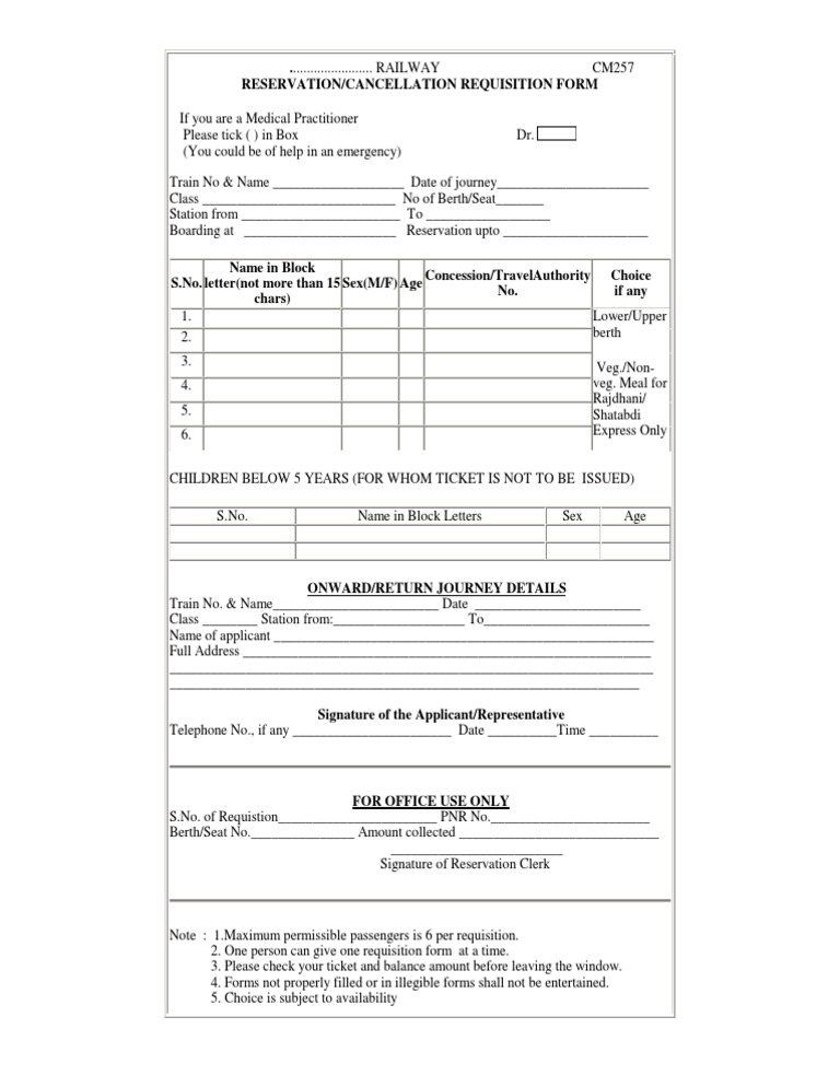 Rail Reservation Form | PDF | Passenger Rail Transport | Rail Transport
