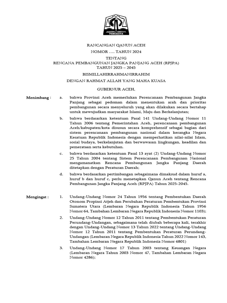 ACEH - Uploads l6fg Dokumen Uu 2024 07 RAQAN RPJPA 2025-2045 | PDF
