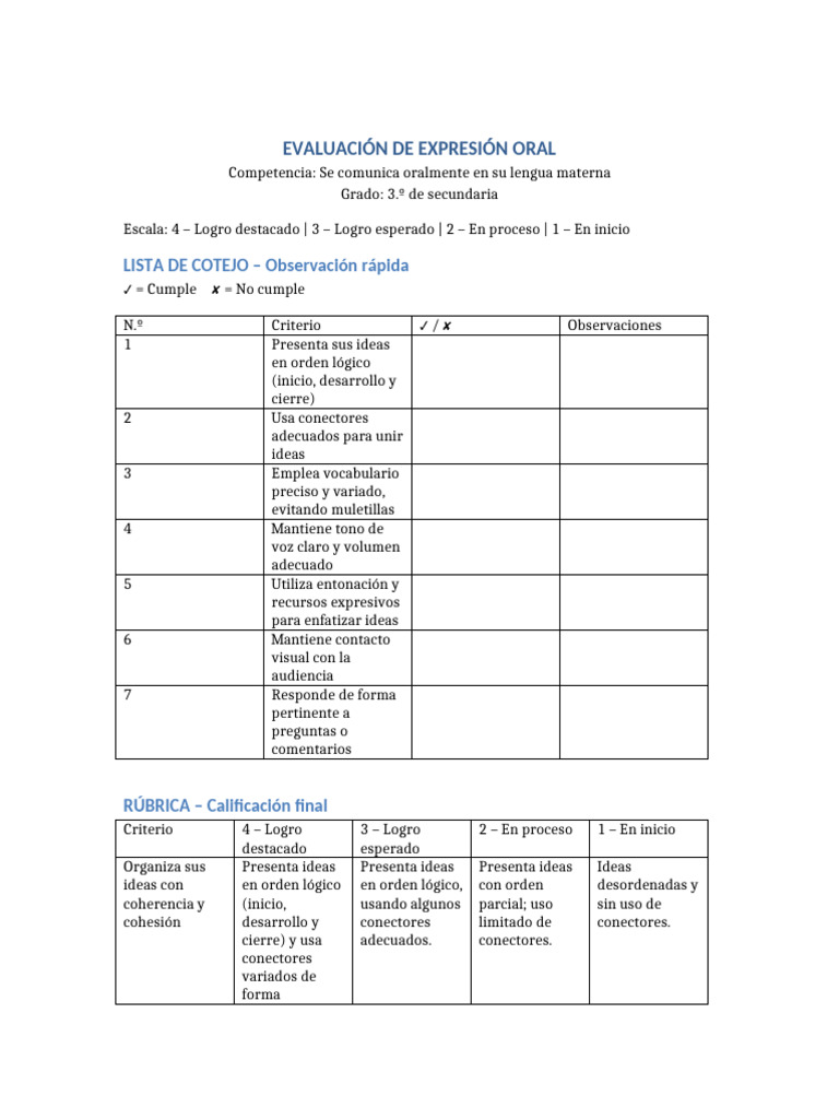 Evaluación de Expresión Oral 3.º Sec. | PDF | Lingüística