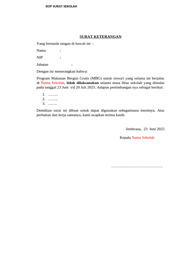 Surat Pemberitahuan MBG Sekolah | PDF
