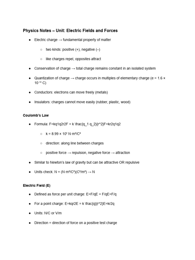 Physics Notes - Unit - Electric Fields and Forces | PDF | Electric ...