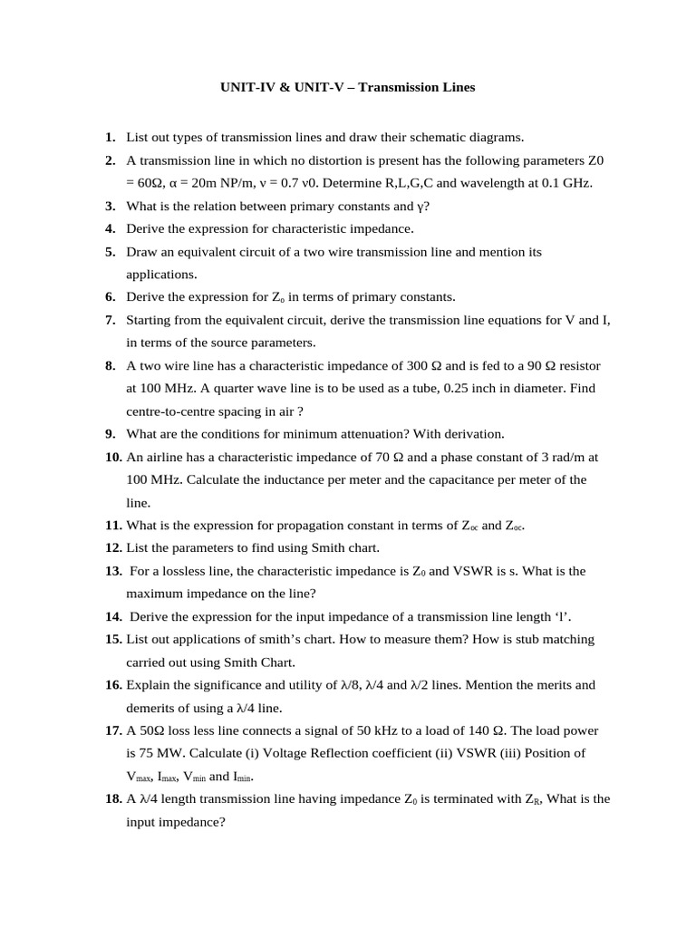 Transmisison Lines QuestionBank | PDF | Transmission Line | Electrical ...