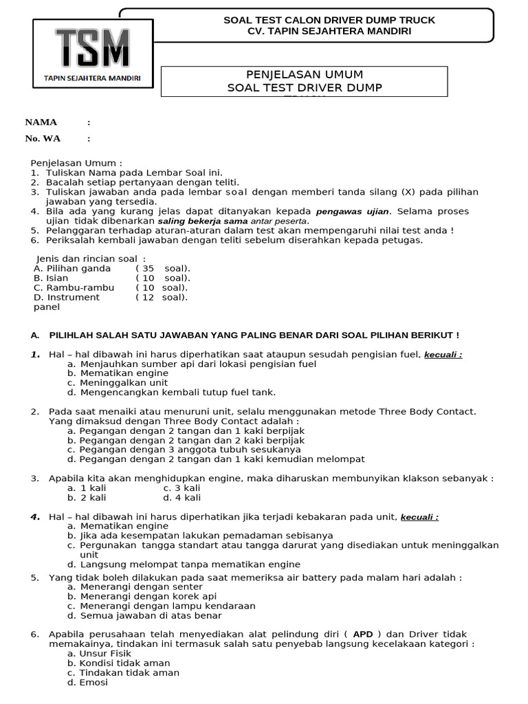 Soal Tes Tertulis Driver Dump Truck | PDF