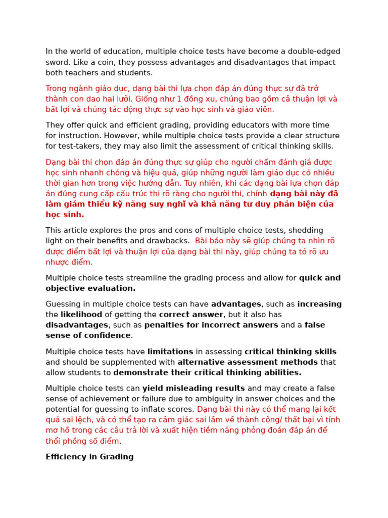 Pros and Cons of Multiple Choice Tests | PDF | Multiple Choice ...
