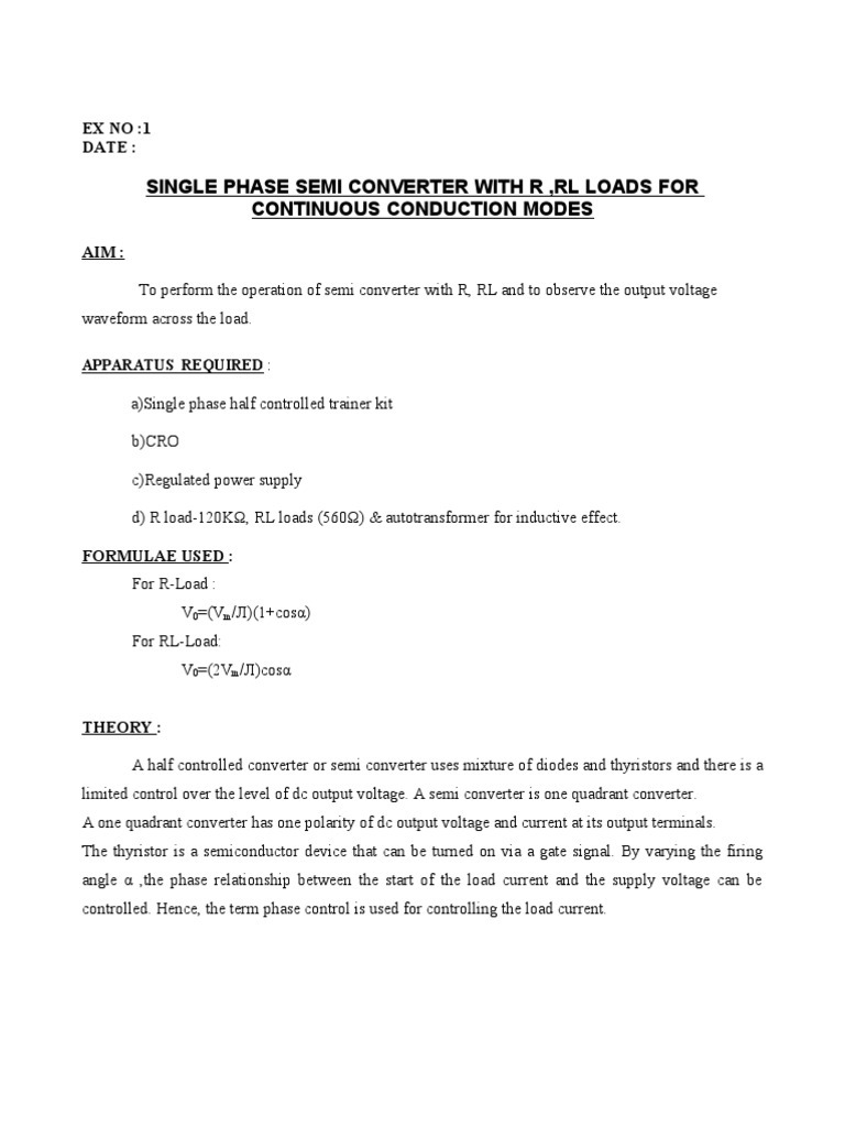 Single Phase Semi Converter With R, RL Loads For Continuous Conduction ...