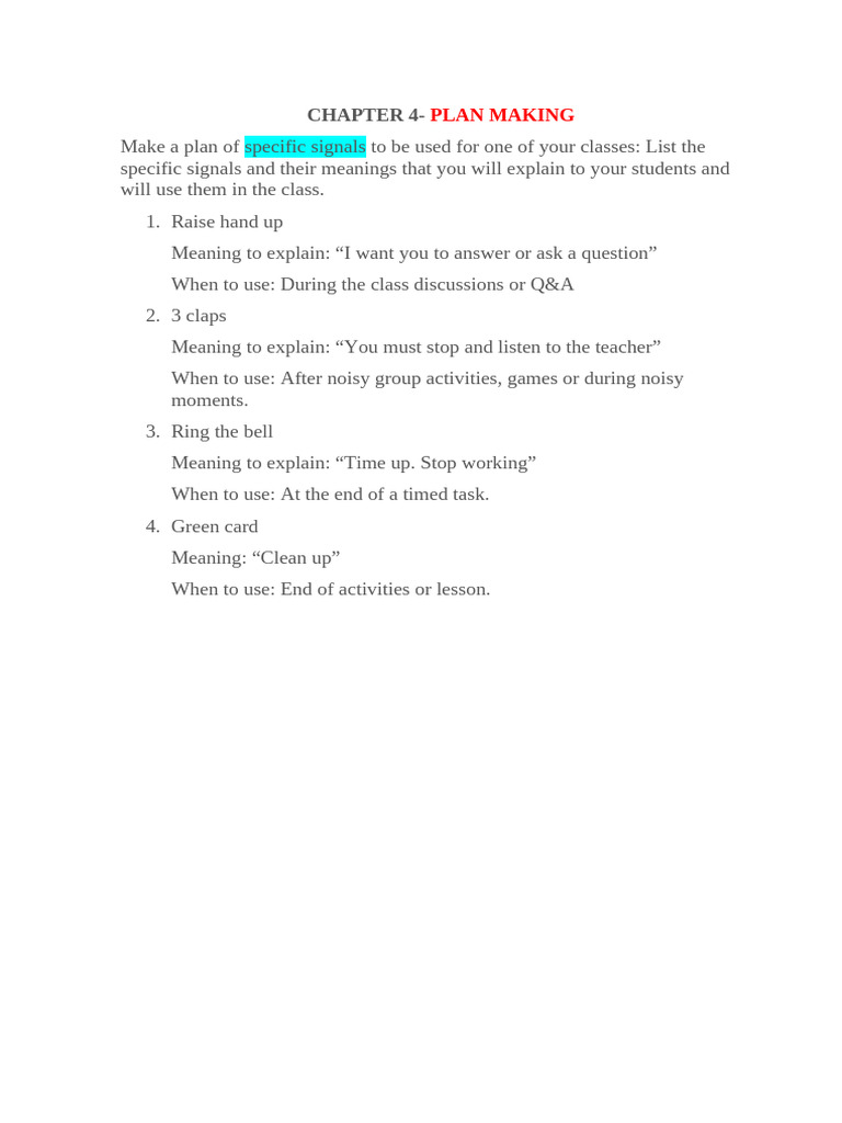 Classroom Signal Plan for Teachers | PDF