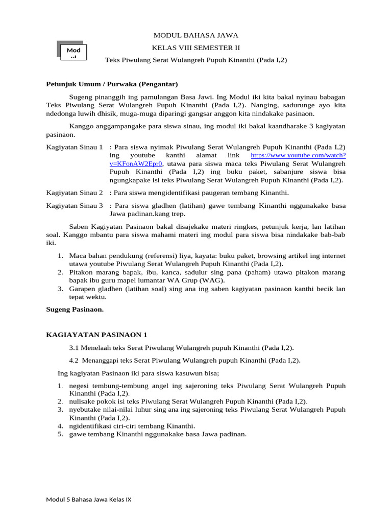 Pembelajaran Tembang Kinanthi | PDF
