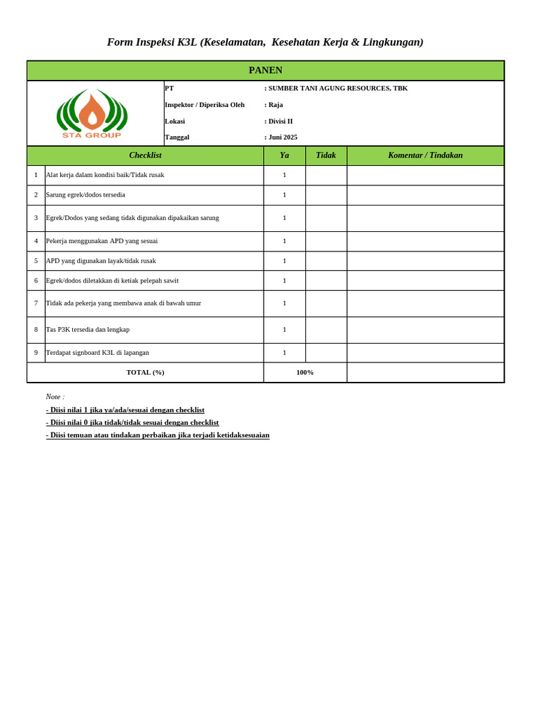 Checklist Inspeksi K3 - Operasional 25052 | PDF