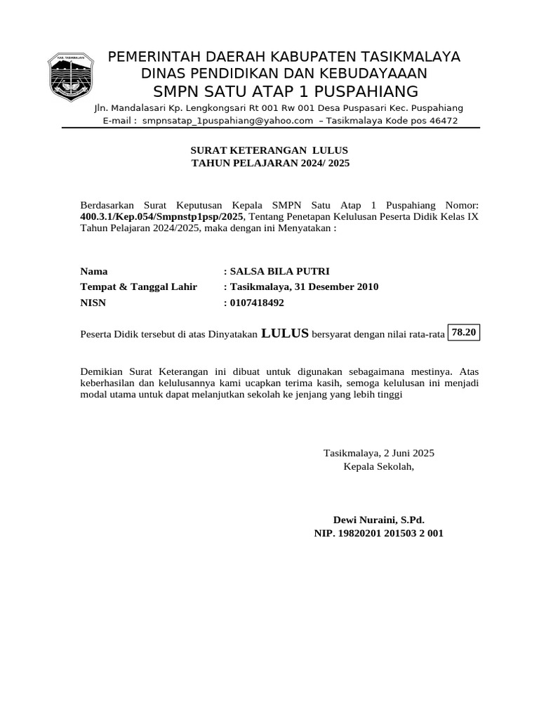 Surat Keterangan Lulus SMP 2025 Tasikmalaya | PDF