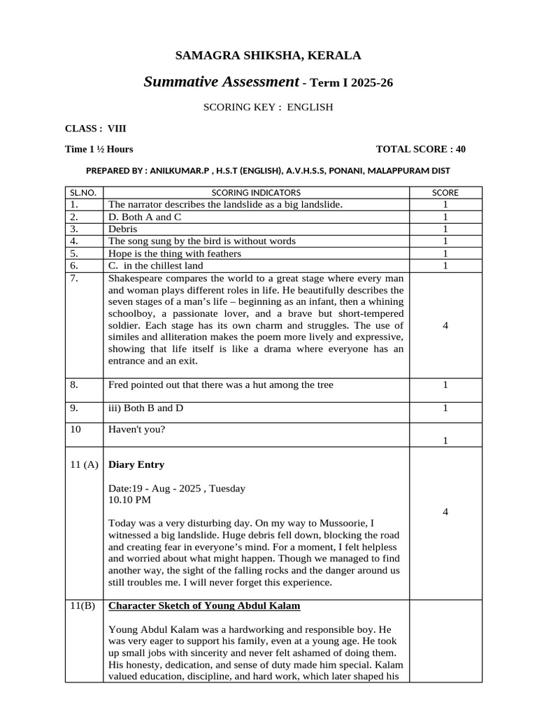 Kerala 8th First Term Onam Exam 2025 English Answer Key | PDF