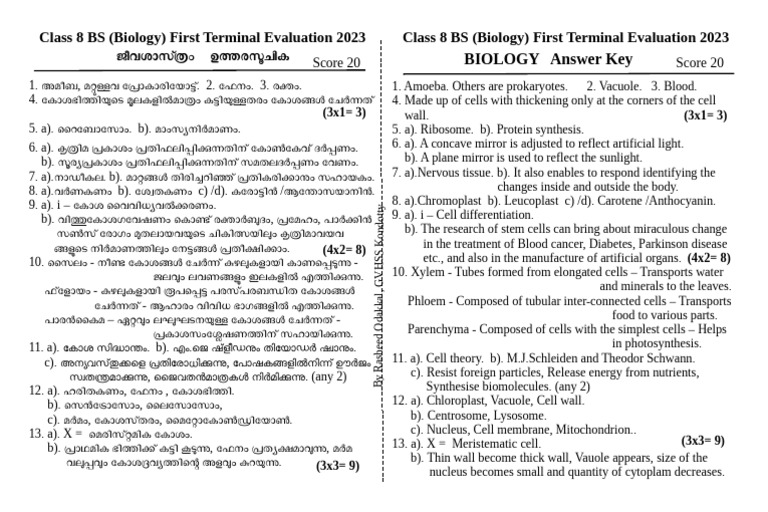 Class 8 First Term Exam 2023 Biology Answer Key (MM) by Rasheed Sir | PDF
