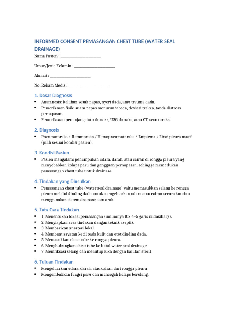 Persetujuan Pemasangan Chest Tube | PDF