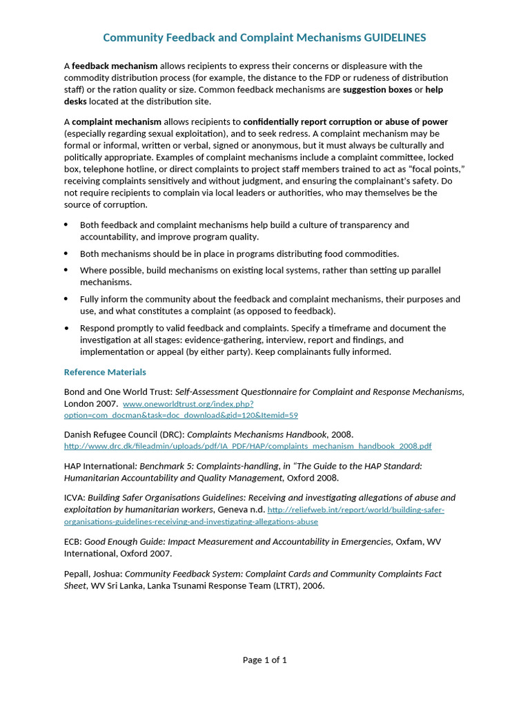 1.8.4 Community Feedback Complaint Mechanisms Guidelines | PDF | Social ...