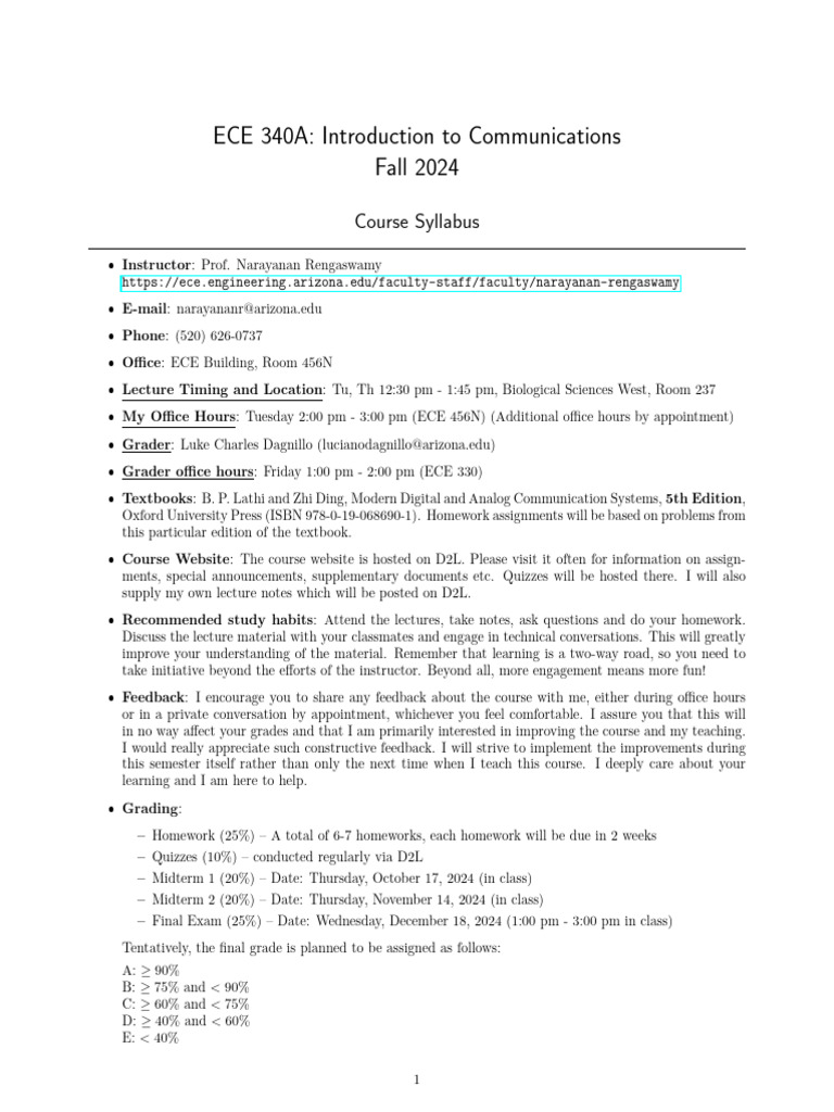 ECE 340A Communications Course Syllabus | PDF | Homework | Teaching