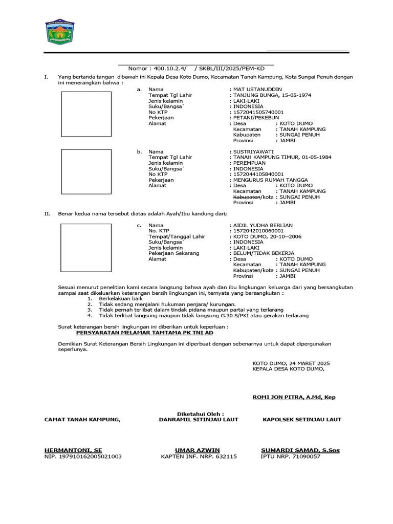 Surat Keterangan Bersih Lingkungan TNI | PDF