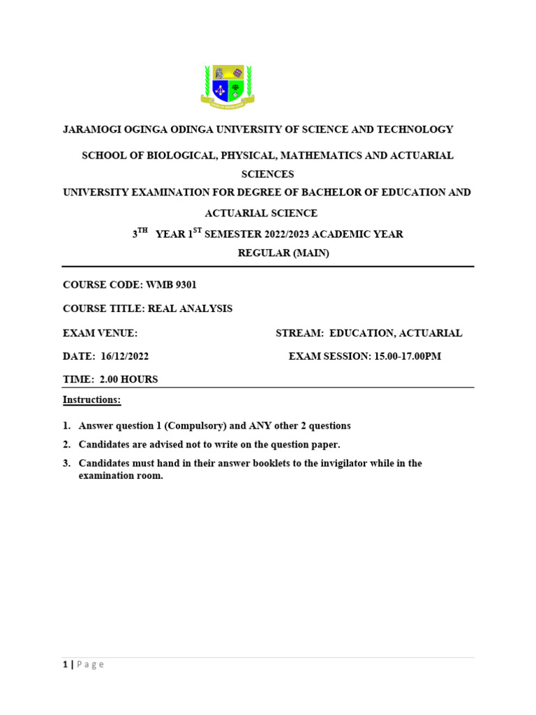 Real Analysis Exam - WMB 9301 | PDF | Real Analysis | Mathematics