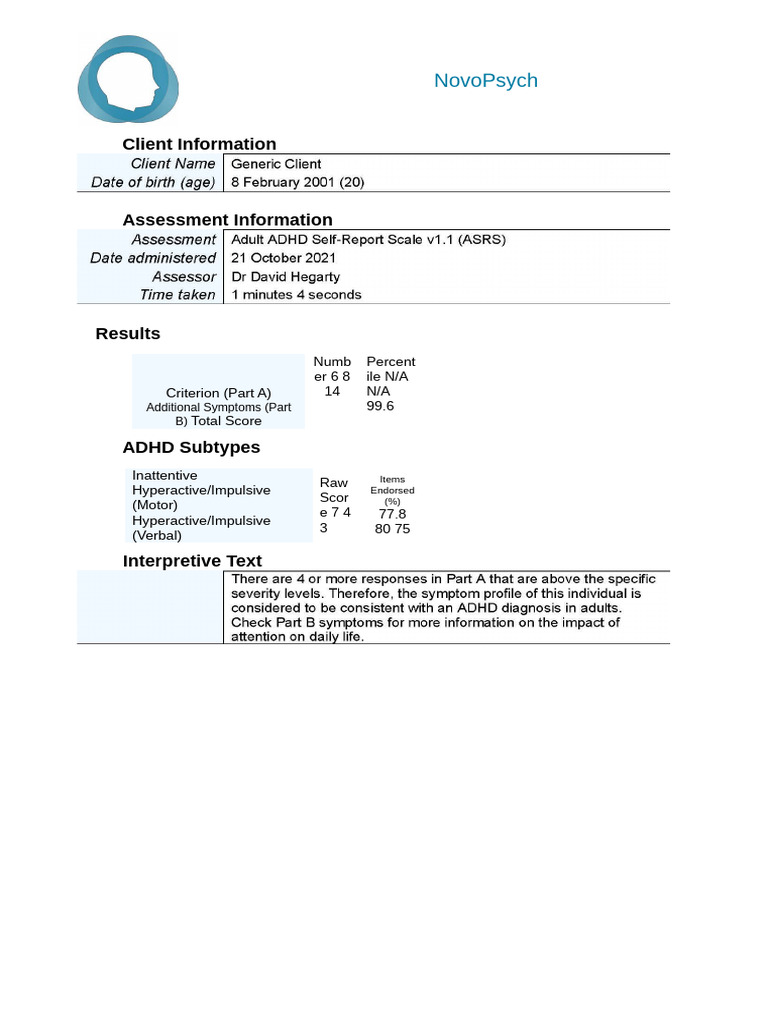 ASRS Adult ADHD Self Report Rating Scale Report 1 | PDF | Attention ...