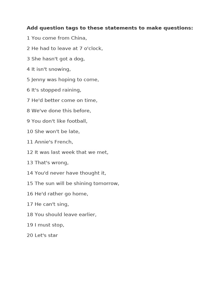 Add Question Tags To These Statements To Make Questions | PDF