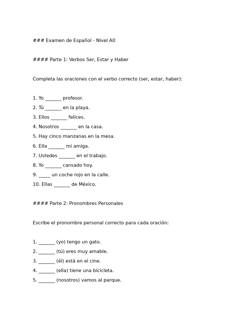 Examen de Español A0: Verbos y Vocabulario | PDF | Temporada de ...