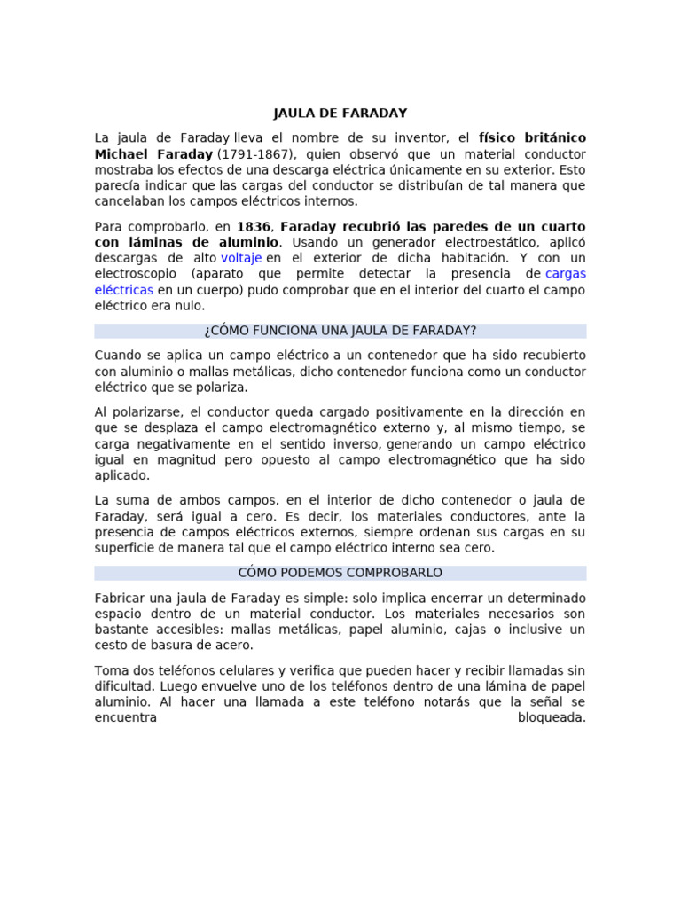 Funcionamiento de la Jaula de Faraday | PDF