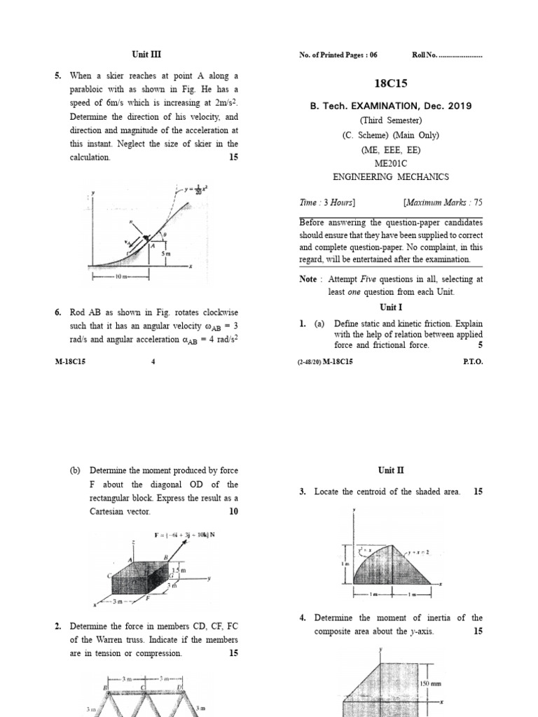 Engineering Mechanics Exam Paper 2019 | PDF | Force | Velocity