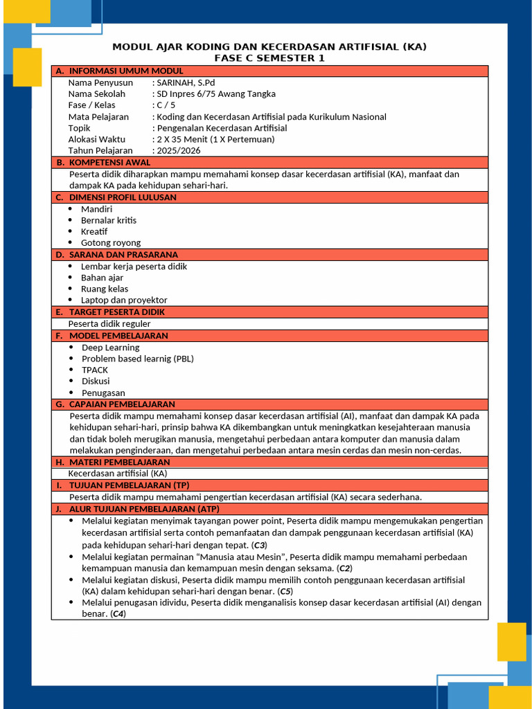 Modul Ajar Koding Dan Kecerdasan Artifisial in 1 | PDF