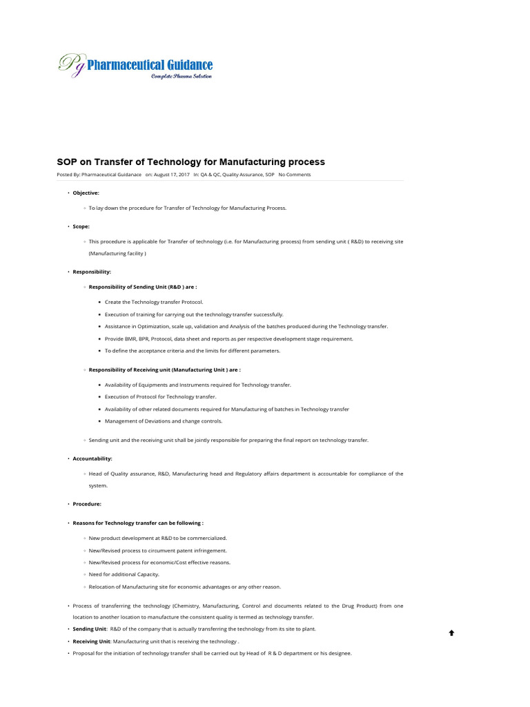 Technology Transfer SOP for Manufacturing | PDF | Verification And ...