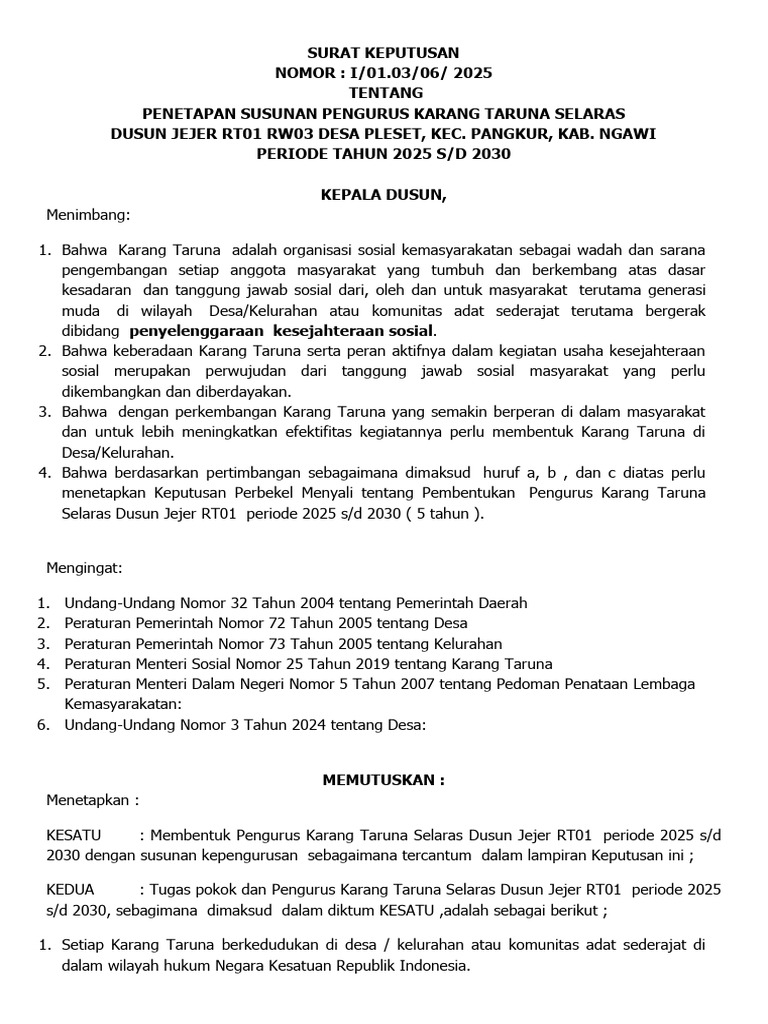 Pengurus Karang Taruna Selaras 2025-2030 | PDF