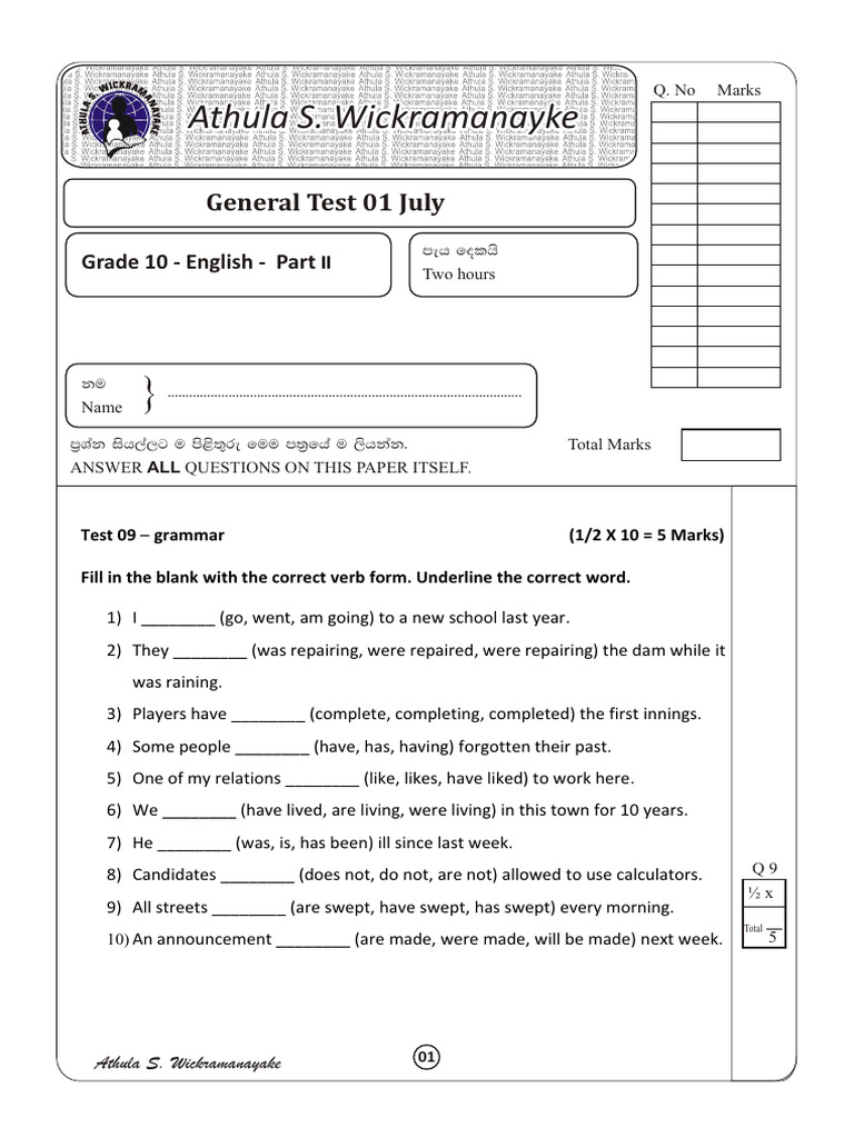 Grade 10 English Test Paper | PDF