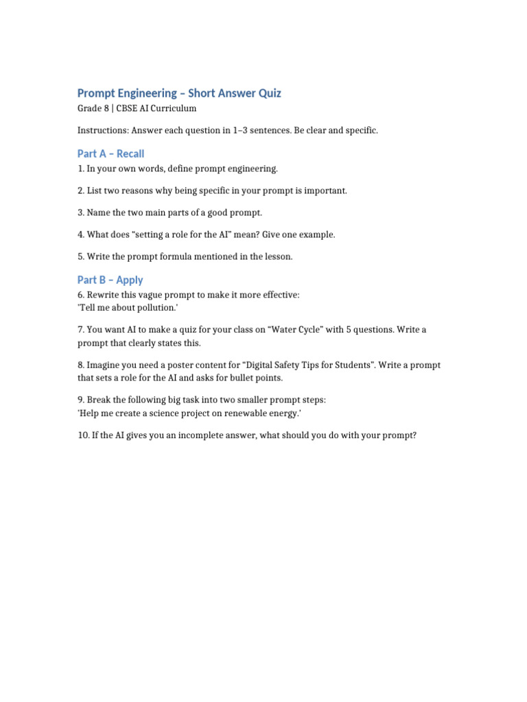 Prompt Engineering Quiz for Grade 8 | PDF
