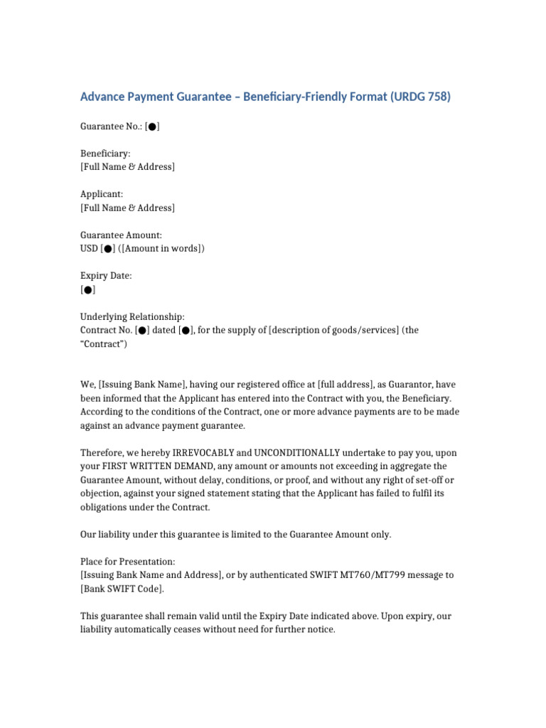 Advance Payment Guarantee Template URDG 758 | PDF