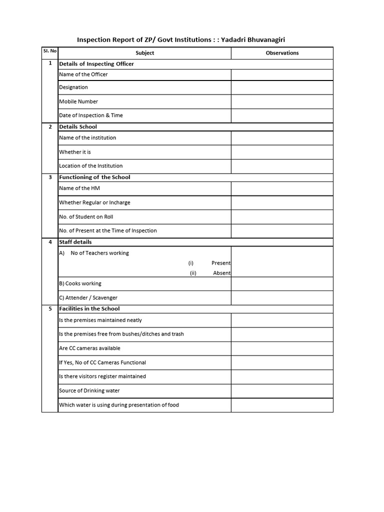Yadadri Bhuvanagiri School Inspection Report | PDF | Kitchen | Waste ...