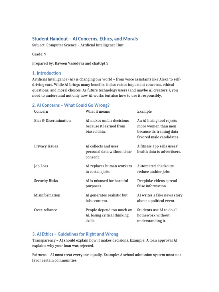 AI Ethics and Concerns for Students | PDF | Artificial Intelligence ...
