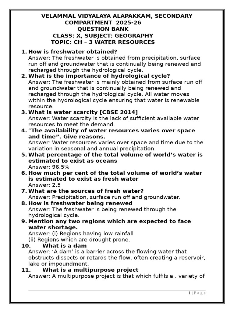 Geo CH 3 Water Resources QB 2025-26-1 | PDF | Water Scarcity | Water