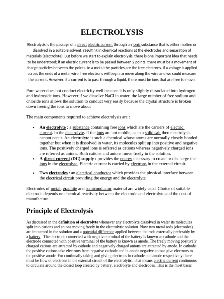 CHM 101 Electrolysis Note | PDF | Ion | Electrolyte