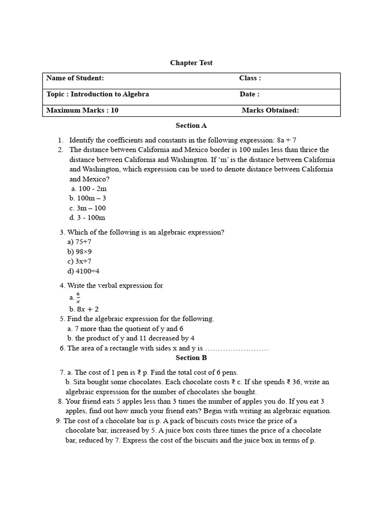 Algebra Introduction Chapter Test | PDF