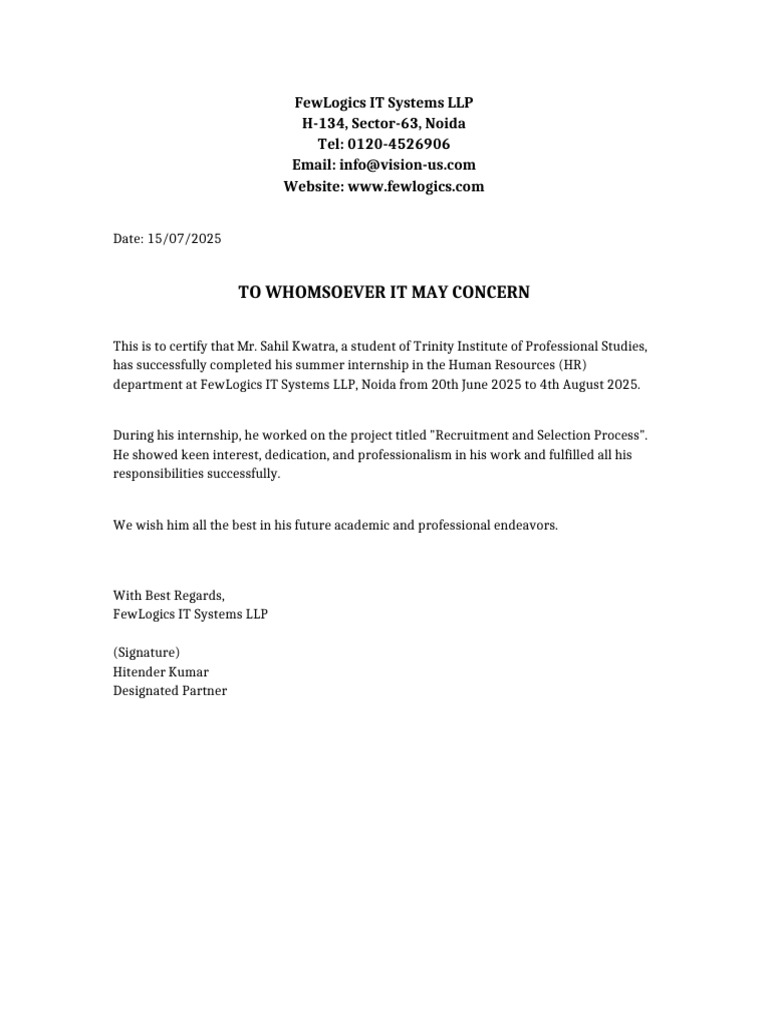 Sahil Kwatra Internship Certificate | PDF