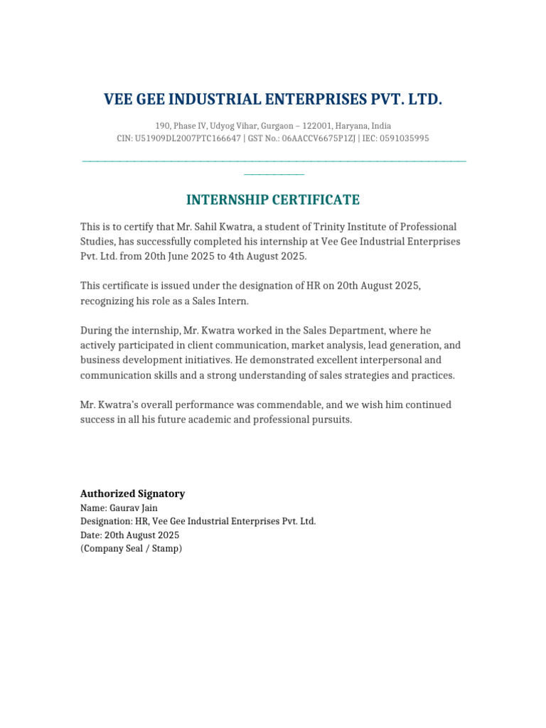 Internship Certificate Sahil Kwatra Stamped | PDF