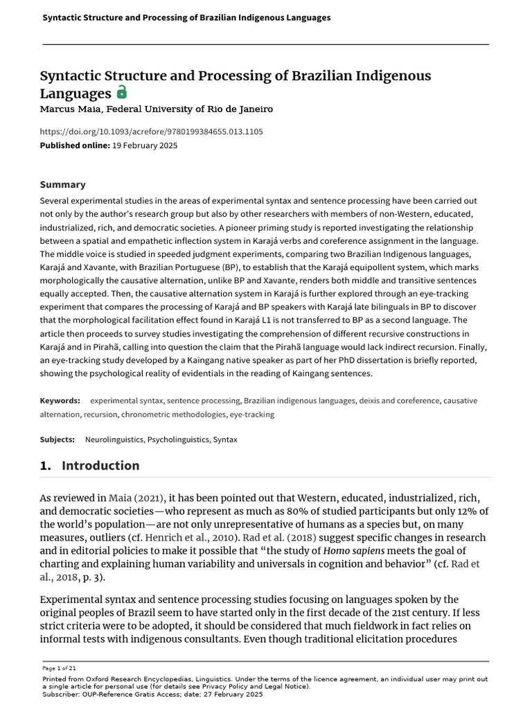 Brazilian Indigenous Languages Syntax Study | PDF | Linguistics ...
