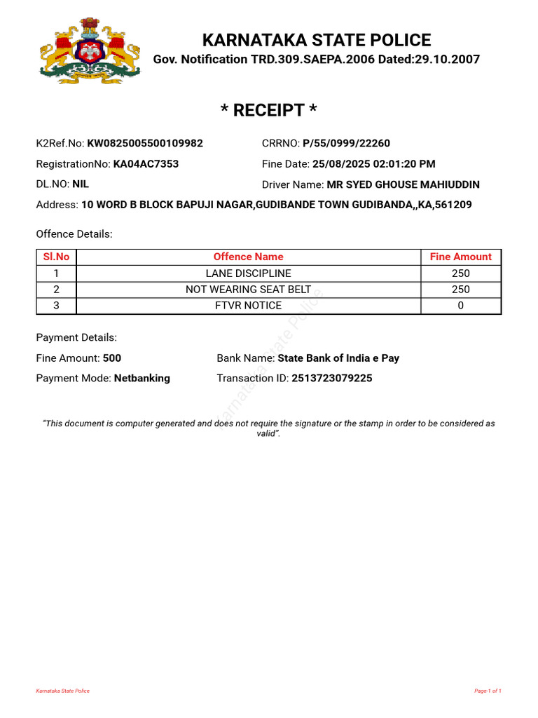 Karnataka Traffic Violation Receipt | PDF