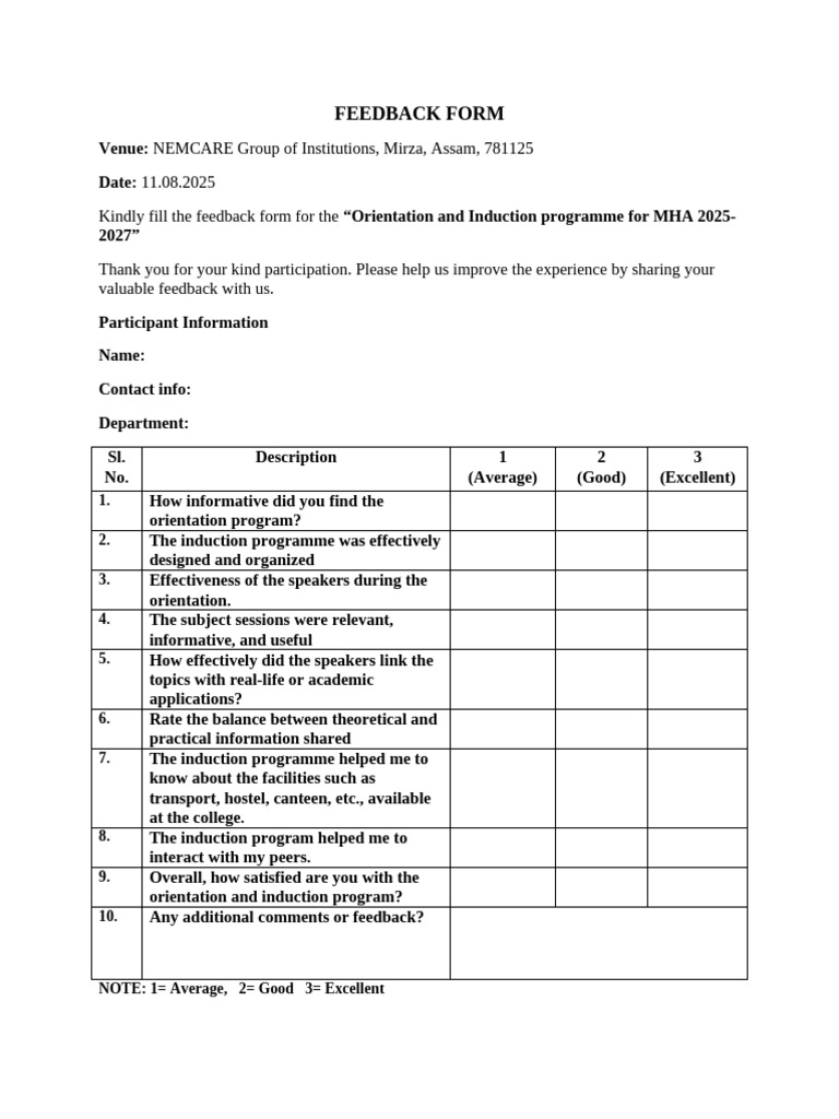 Feedback Form for MHA Orientation 2025 | PDF
