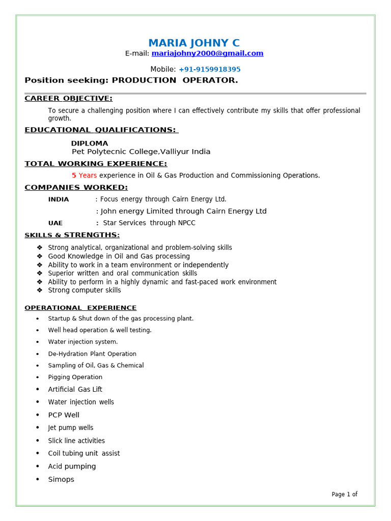 Production Operator Resume Summary | PDF | Pump | Valve