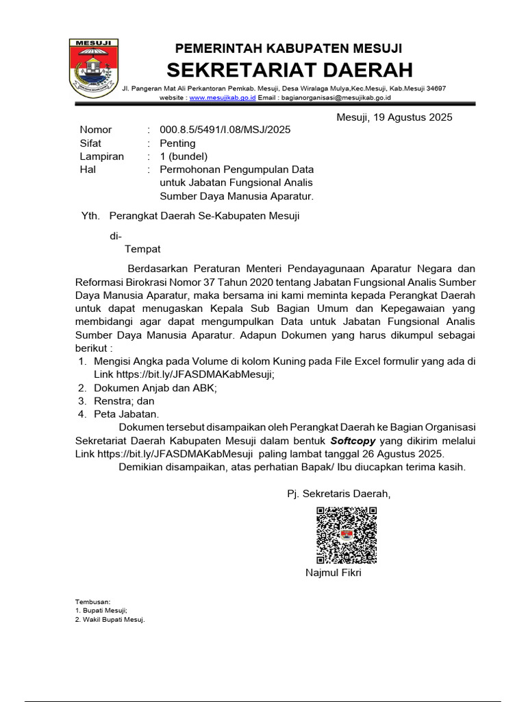 Surat Permohonan Pengumpulan Data JF Analis SDM Aparatur | PDF