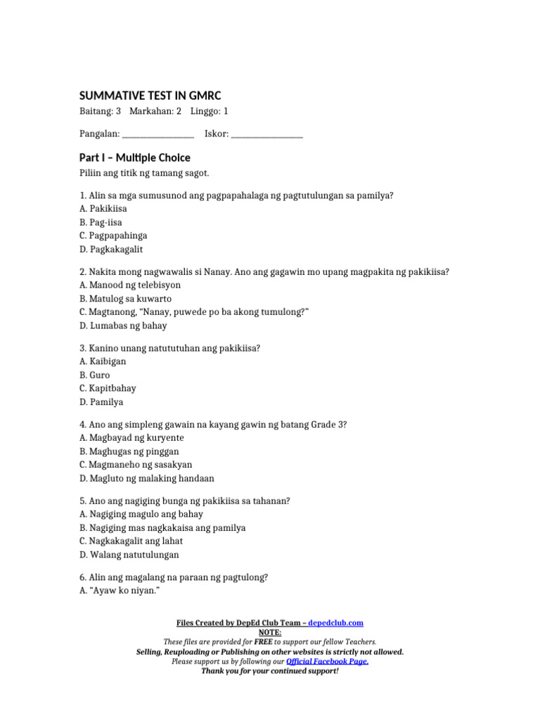 Summ Test GMRC 3 q2 w1 | PDF