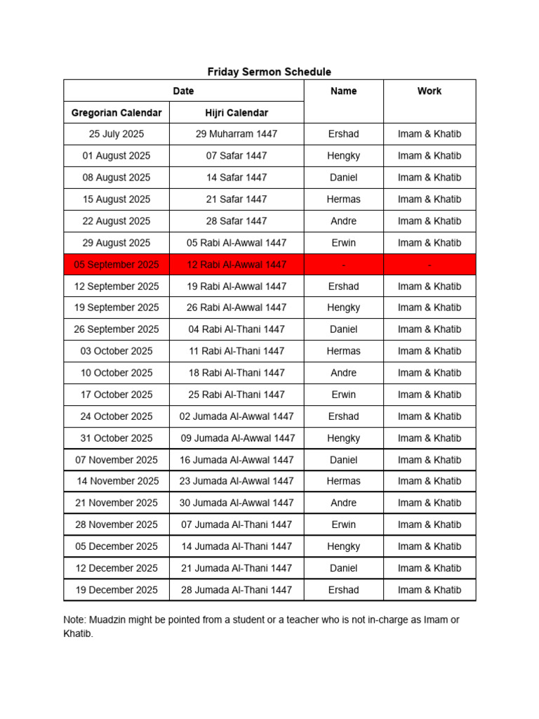 Upcoming Friday Sermon Schedule | PDF
