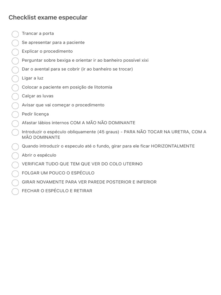 Checklist para Exame Especular Ginecológico | PDF
