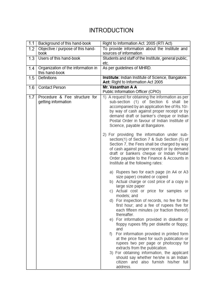 RTI Handbook for Indian Institute of Science | PDF